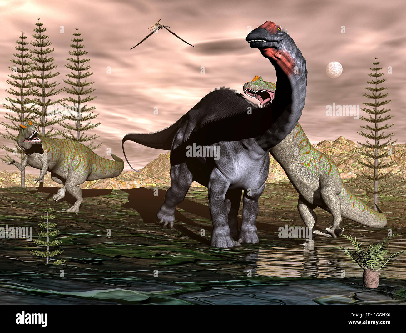 Allosaurus dinosaurs attacking an Apatosaurus among calamite trees and ...