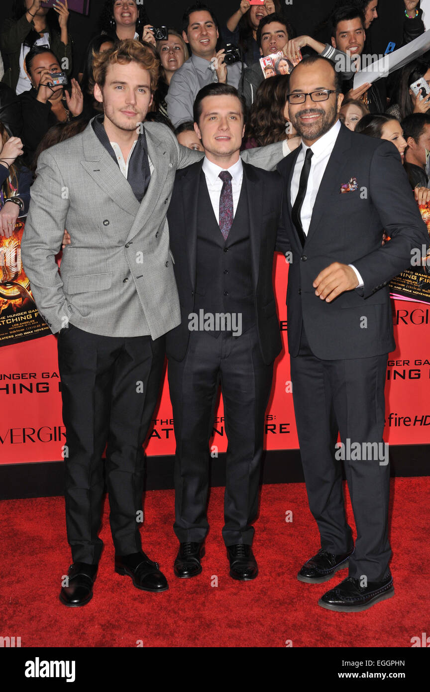 LOS ANGELES, CA - NOVEMBER 18, 2013: Sam Claflin (left), Josh ...