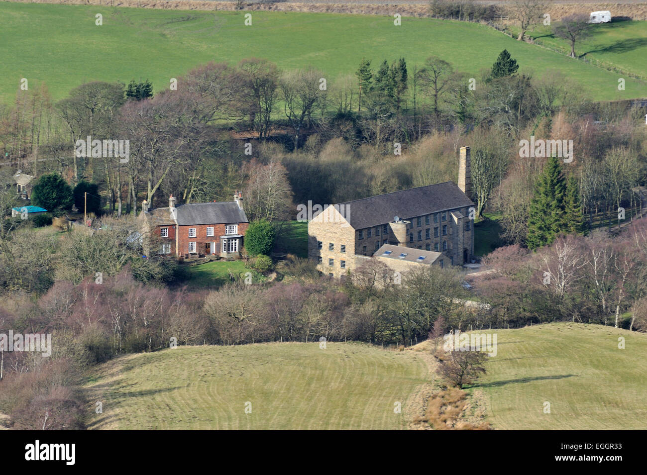Aerial view of a village, Vale of Edale, Peak District, Derbyshire, UK ...