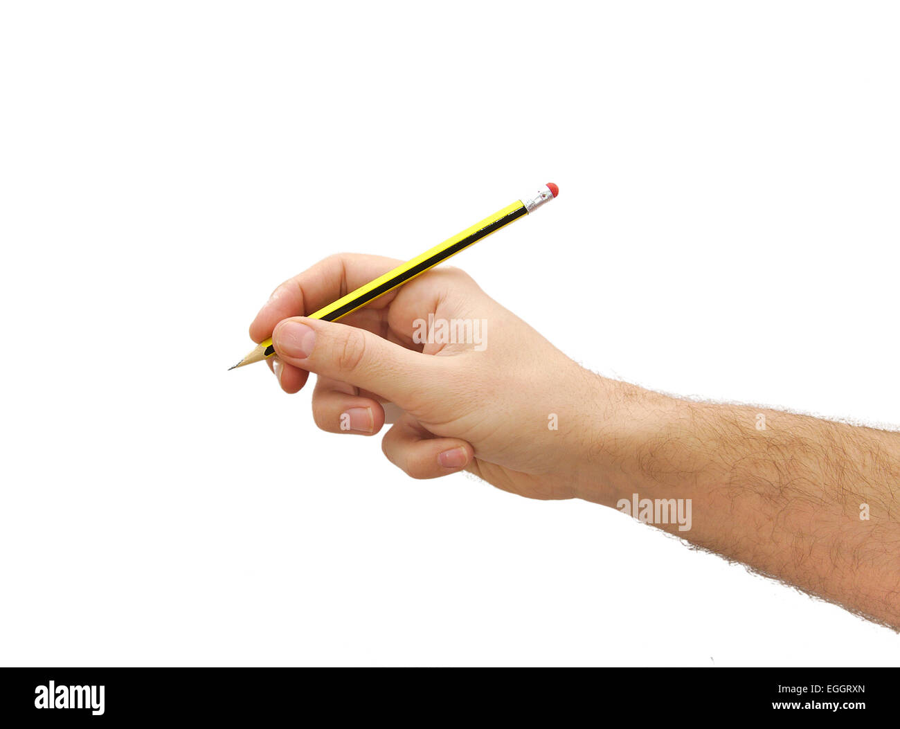 Caucasian man hand writing with a pencil isolated on white background ...