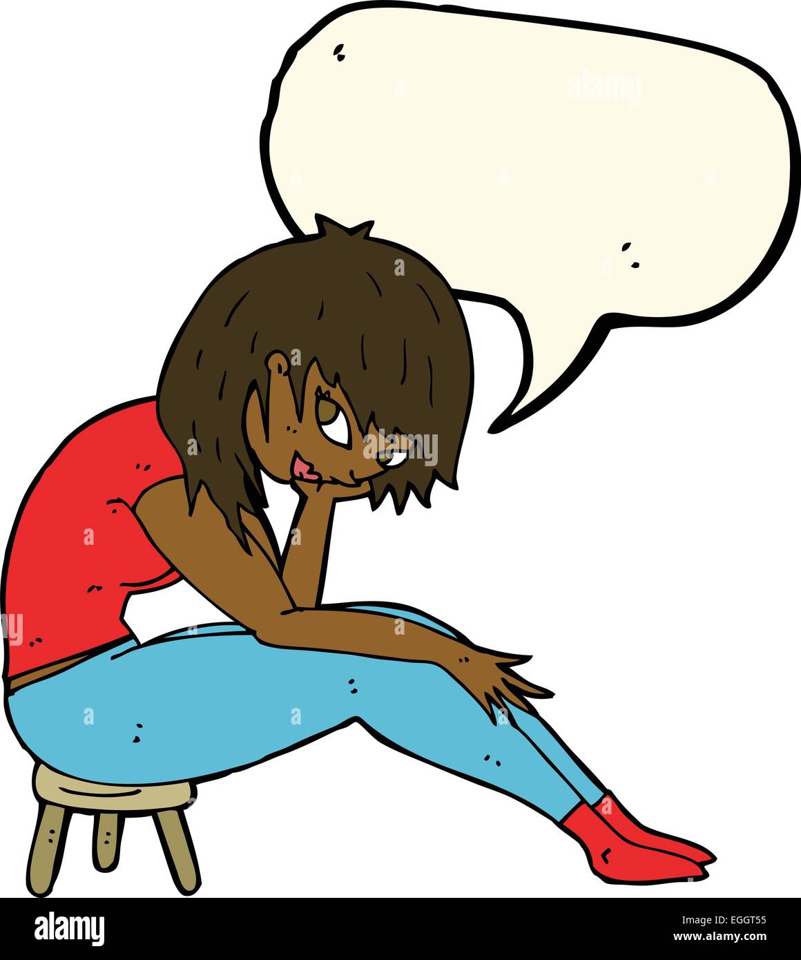 cartoon woman sitting on small stool with speech bubble Stock Vector ...