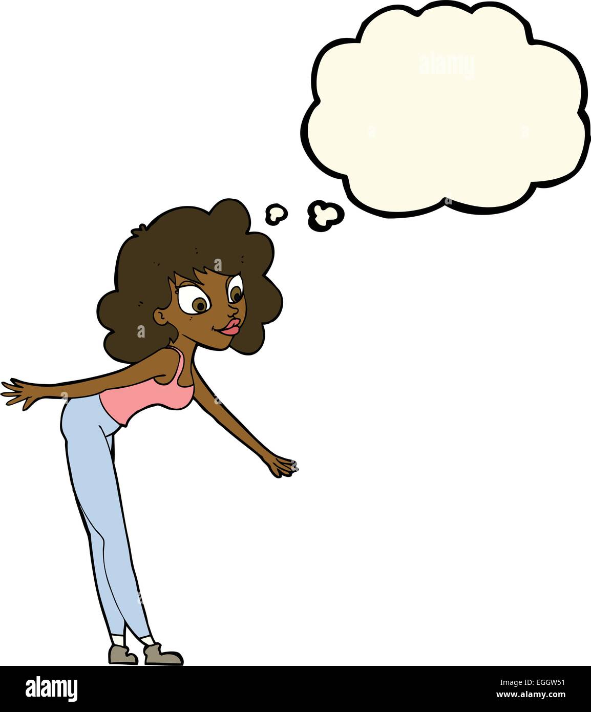 cartoon woman reaching to pick something up with thought bubble Stock ...