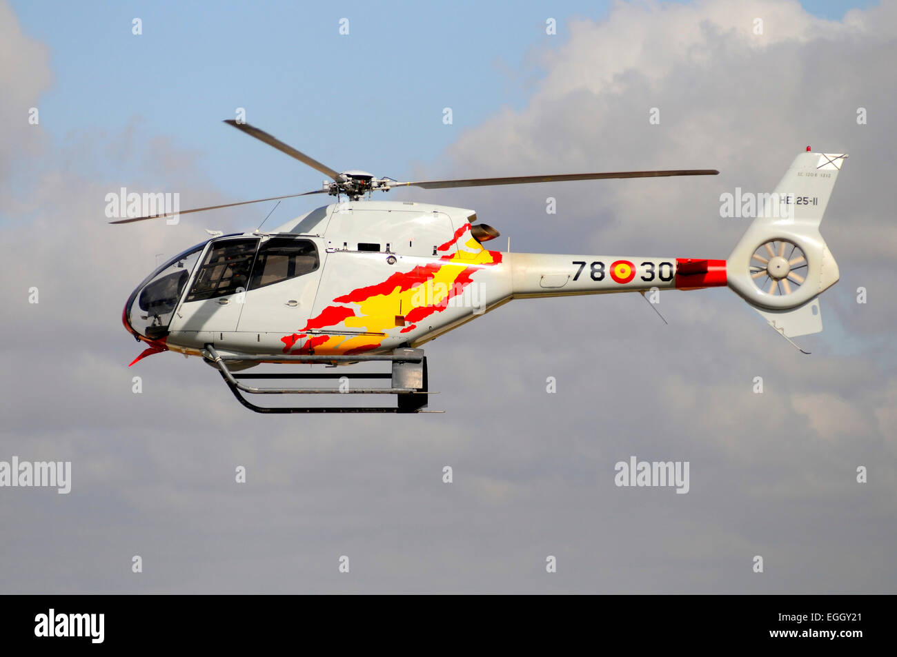Eurocopter EC120 helicopter of the Spanish Air Force in flight over ...