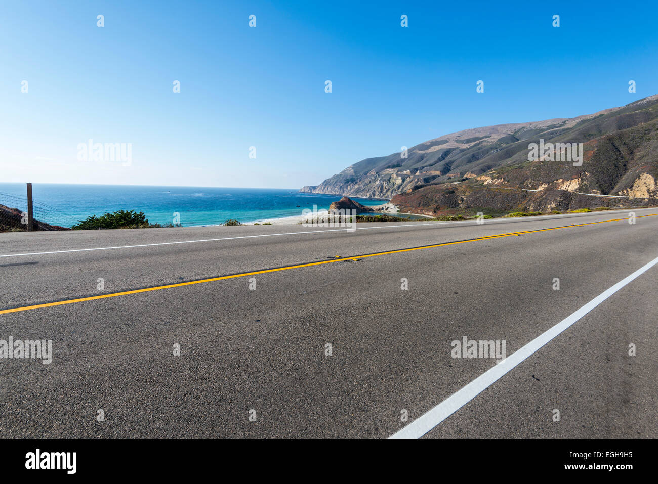 View of the coastline looking across U.S. Highway 1. California, United ...