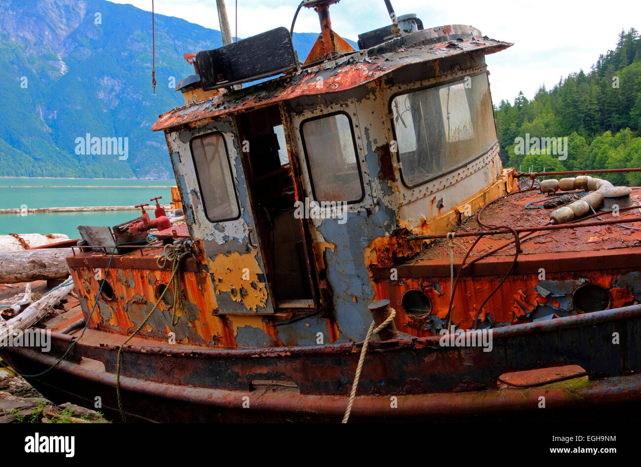 An HDR of a rusty old boat beached near Bella Coola harbour, BC, Canada Stock Photo - Alamy