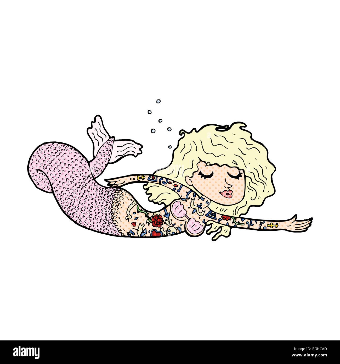 retro comic book style cartoon mermaid covered in tattoos Stock Vector ...