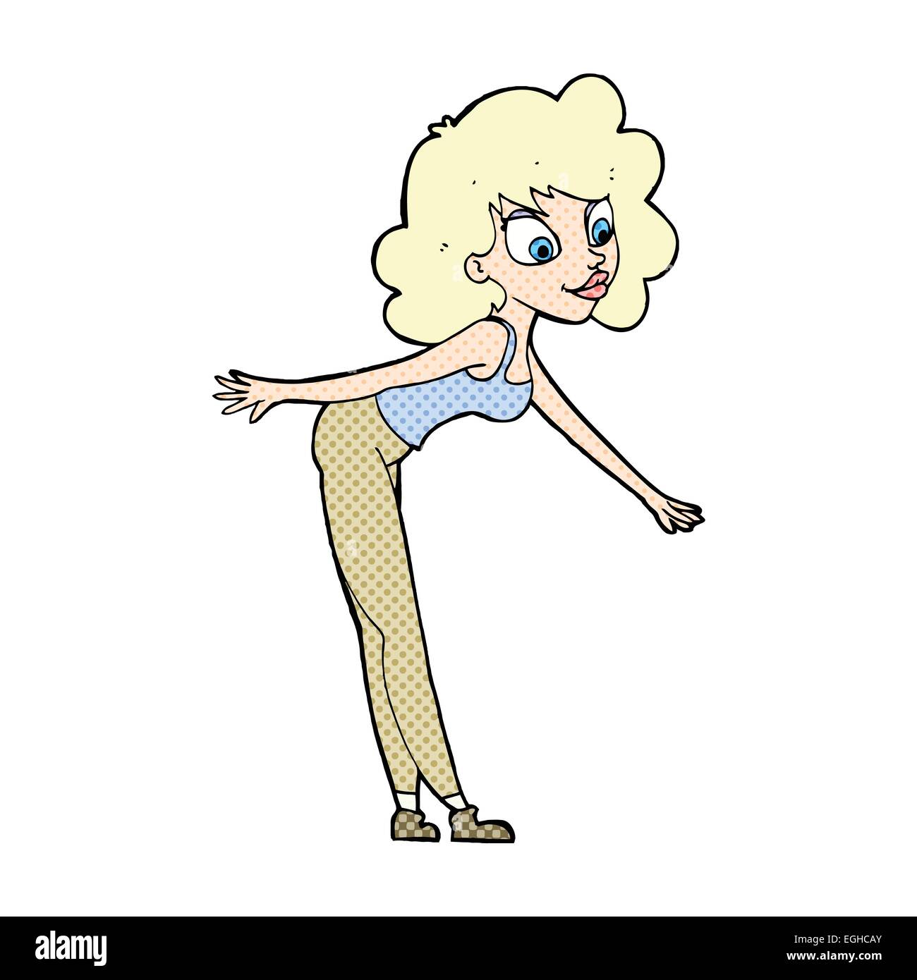 retro comic book style cartoon woman reaching to pick something up ...