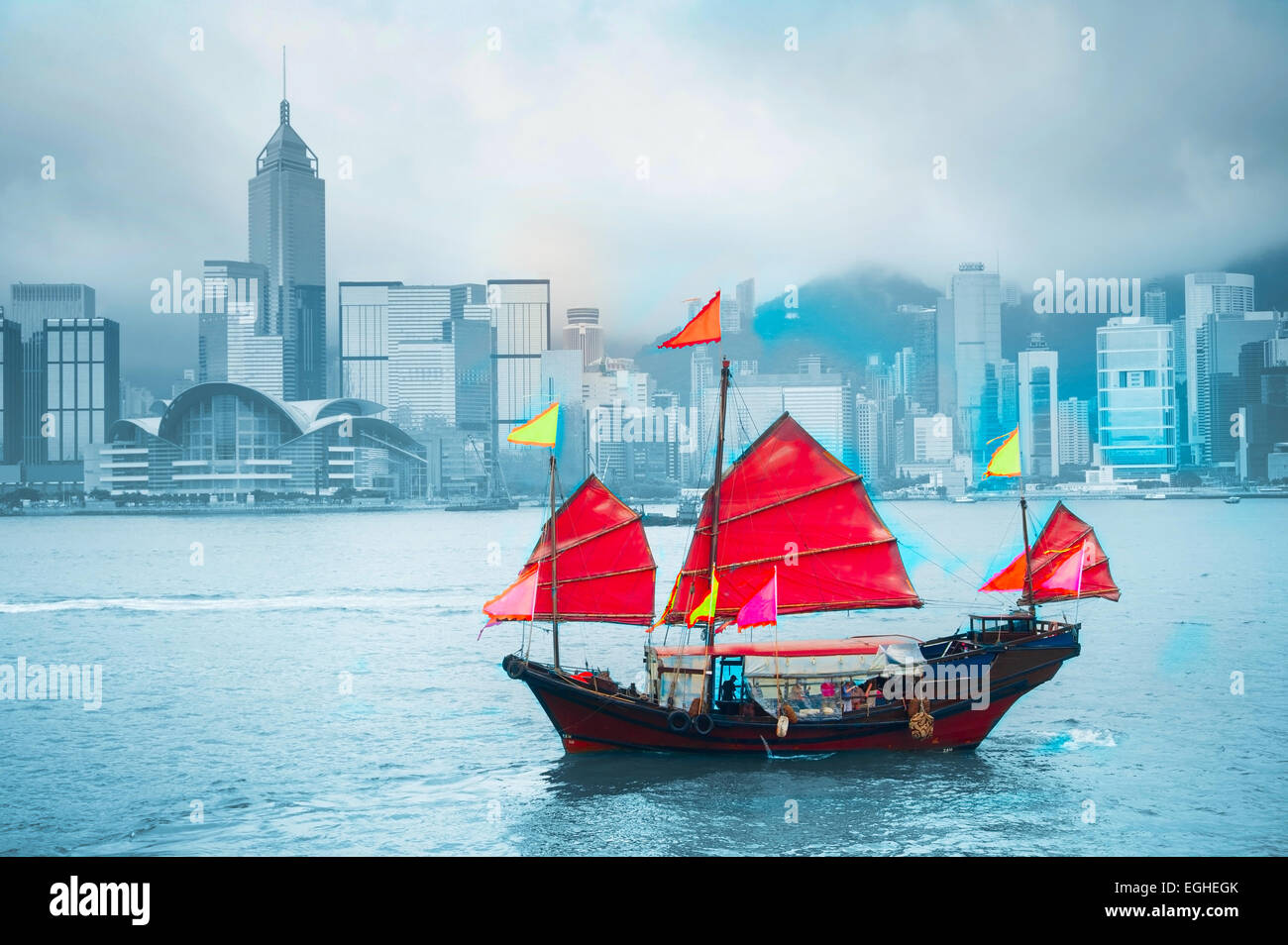 Symbol of Hong Kong - traditional wooden sailboat in Victoria harbor ...