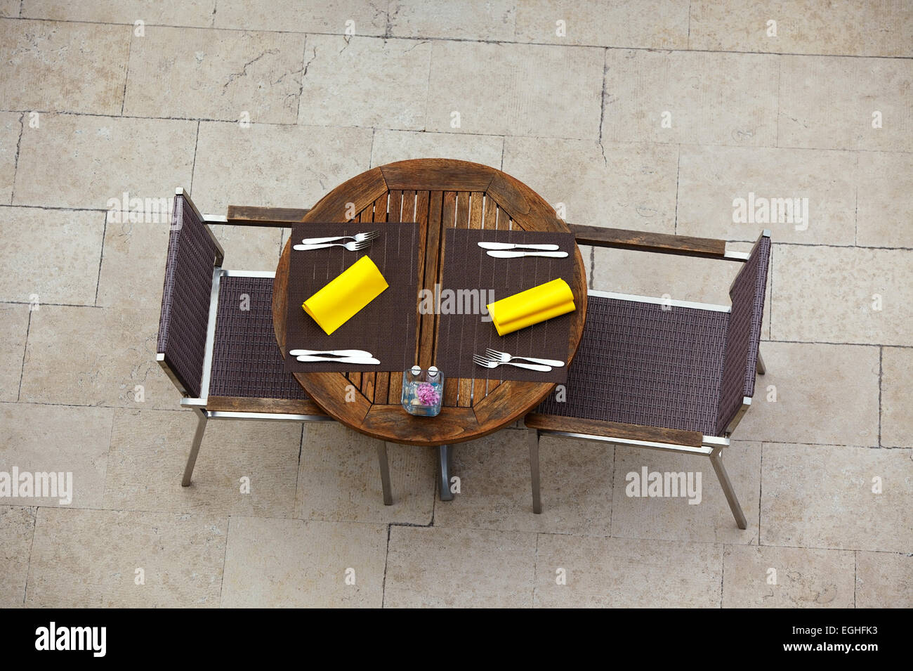 Outdoor summer cafe tables with chairs. View from above. Copy space ...