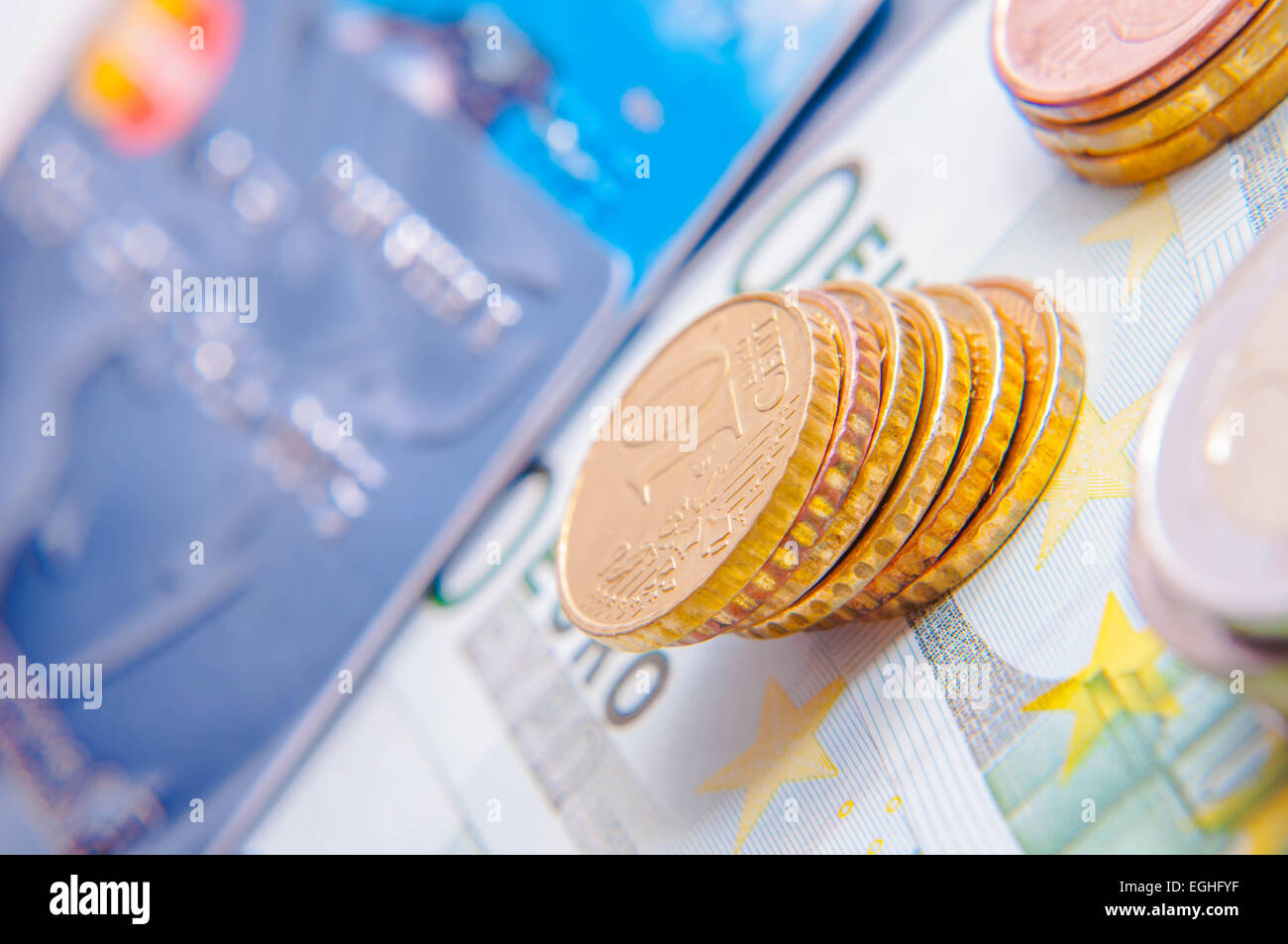 a tower of Euro coins, banknote, European currency Stock Photo - Alamy