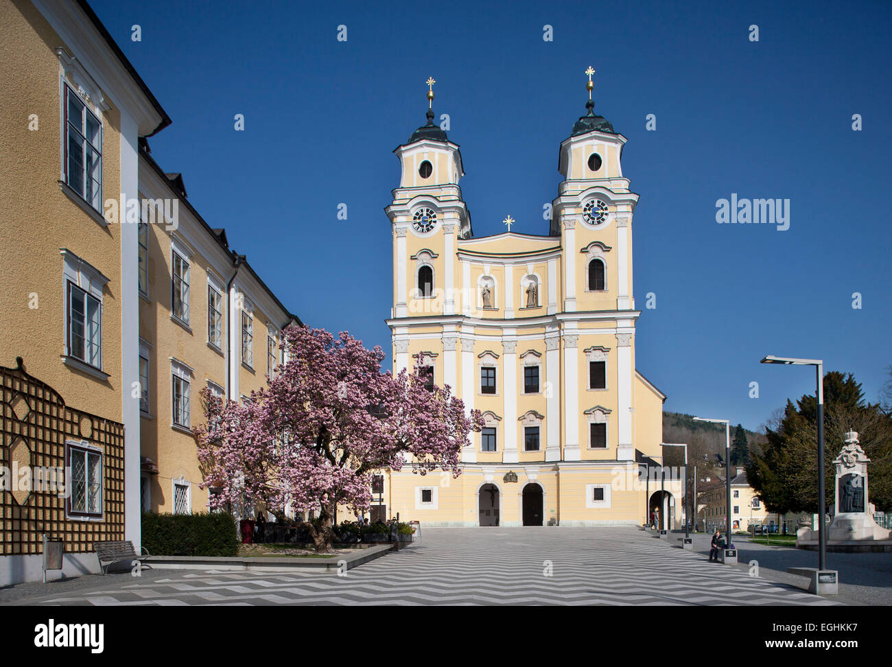 St. Michael Basilica with blooming magnolia tree, Kloster Mondsee ...