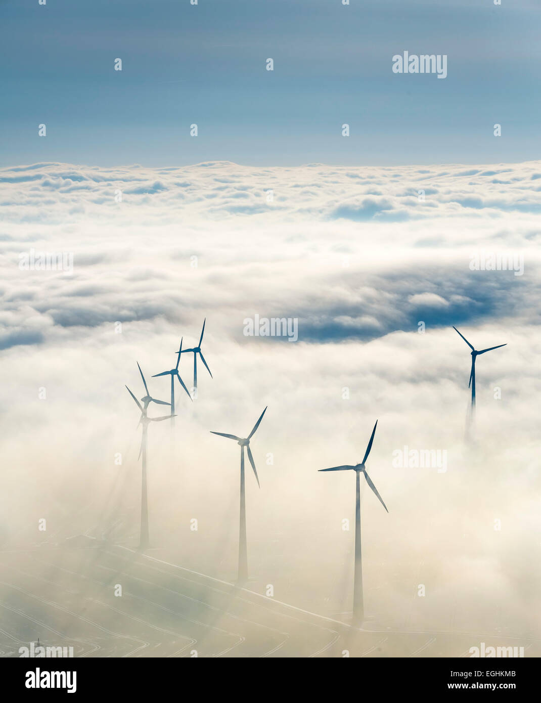 Wind power plants surrounded by clouds, Bad Wünnenberg, Sauerland ...