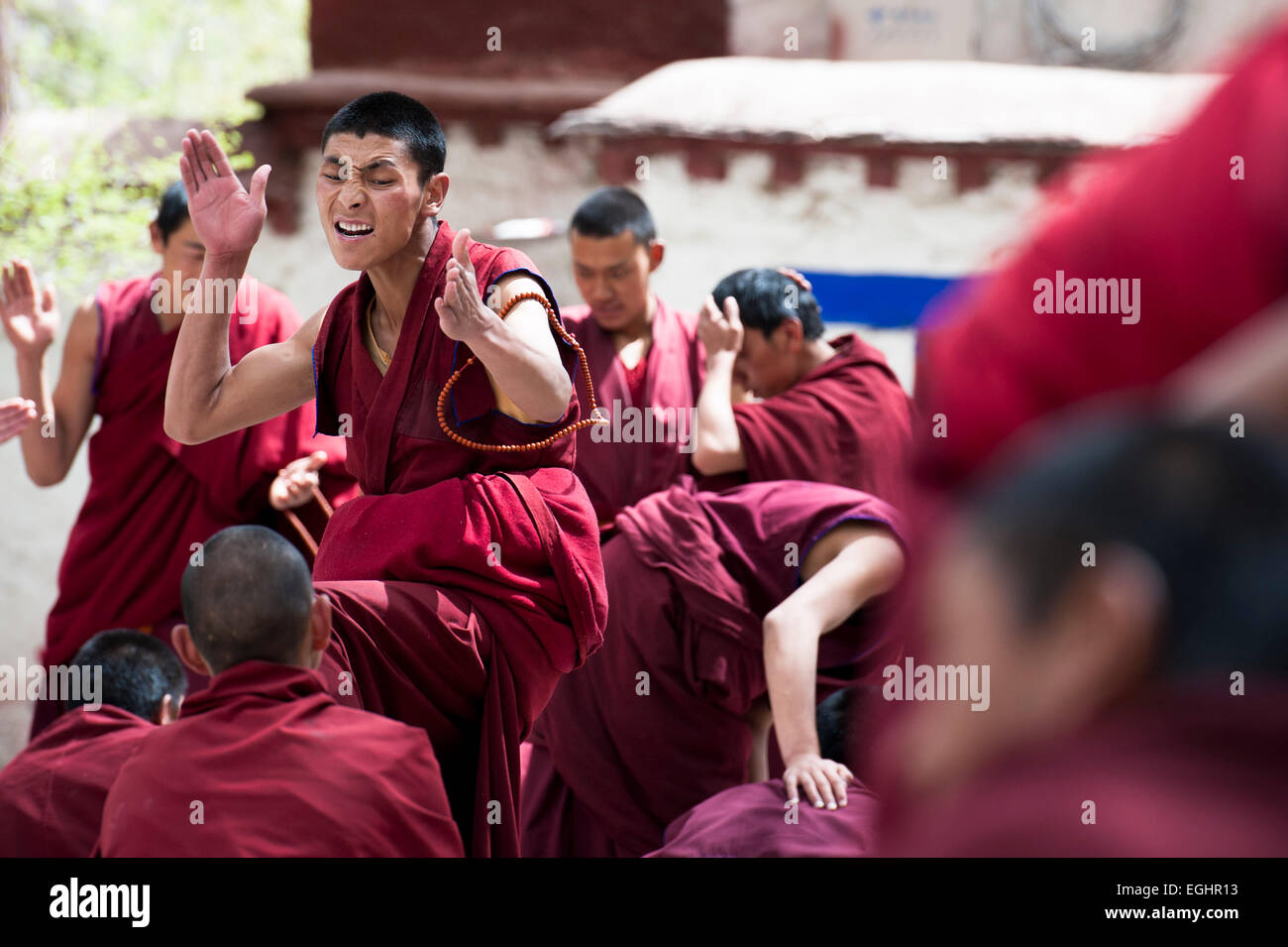 A monk engaging in an animated debate, Sera Monastery, Lhasa, Tibet ...