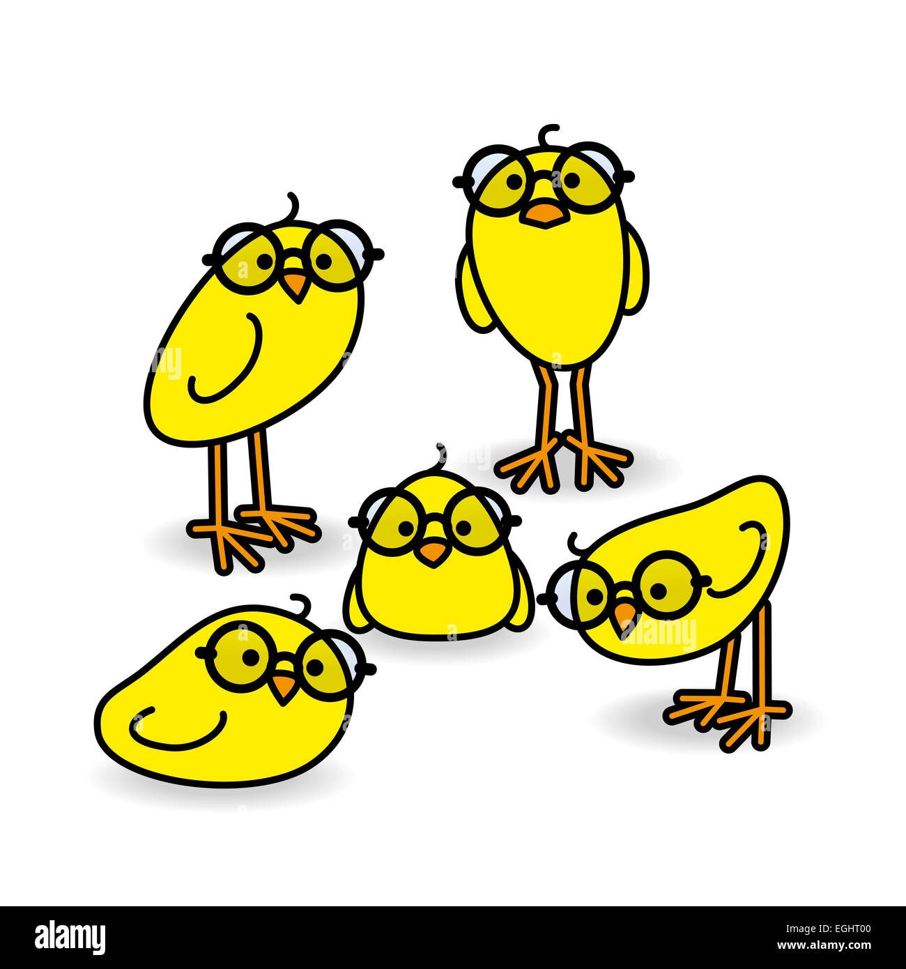 Five Small Cute Yellow Chicks Wearing Black Round Frame Glasses Staring ...
