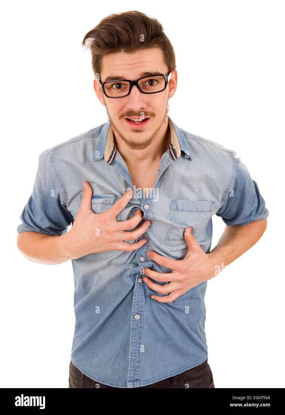 young casual man with a pain on his chest, isolated on white background ...