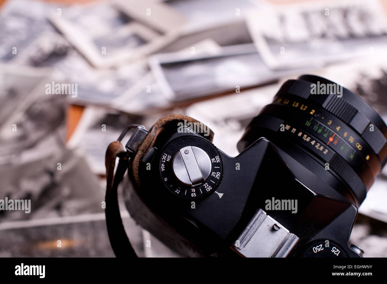 old camera close up and black & white photographs on background Stock ...