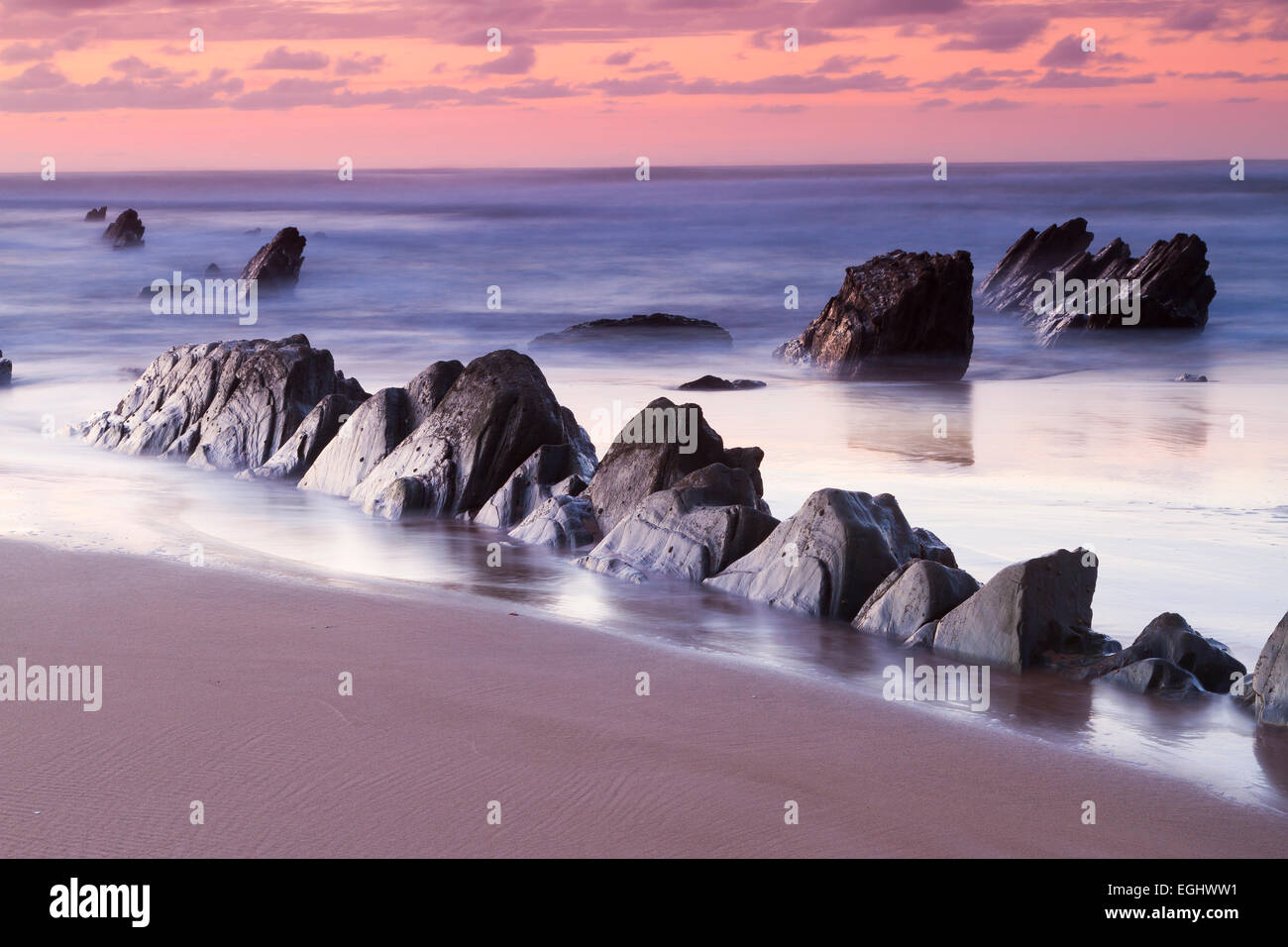 Barrika beach at sunset. Biscay, Basque Country, Spain, Europe Stock ...