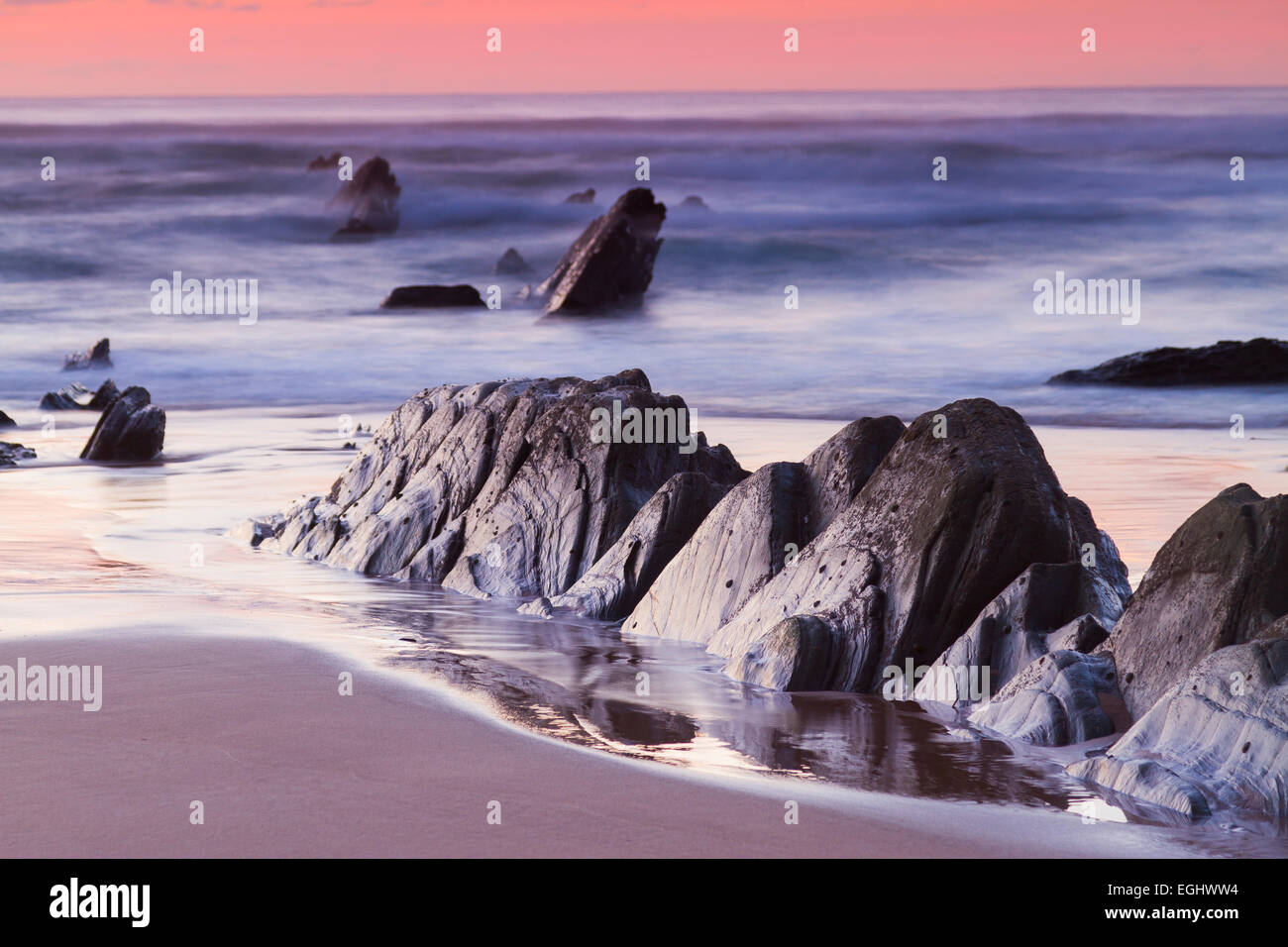 Barrika beach at sunset. Biscay, Basque Country, Spain, Europe Stock ...