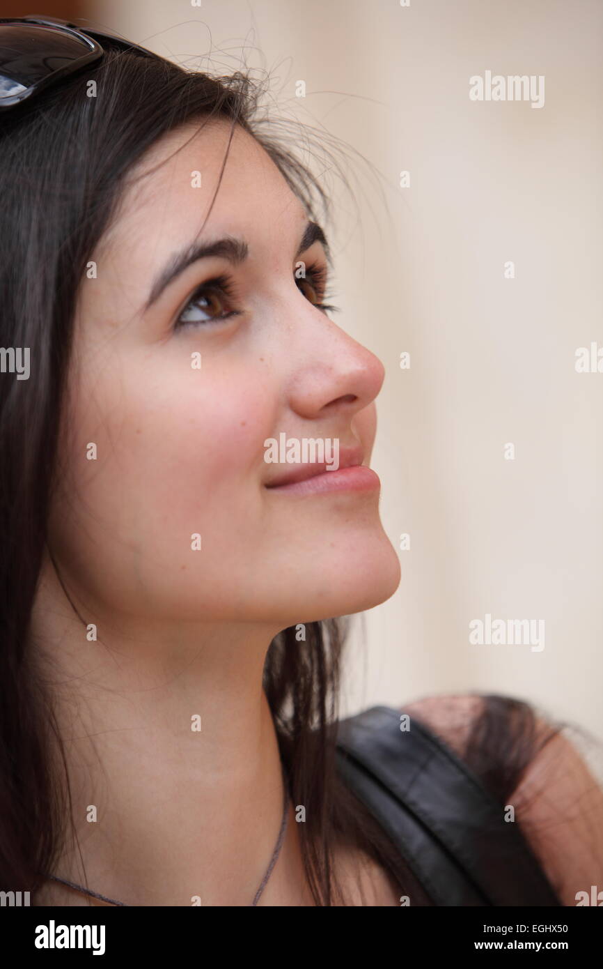 Close up Side View Portrait of Pretty Young Woman Face Looking Up With ...