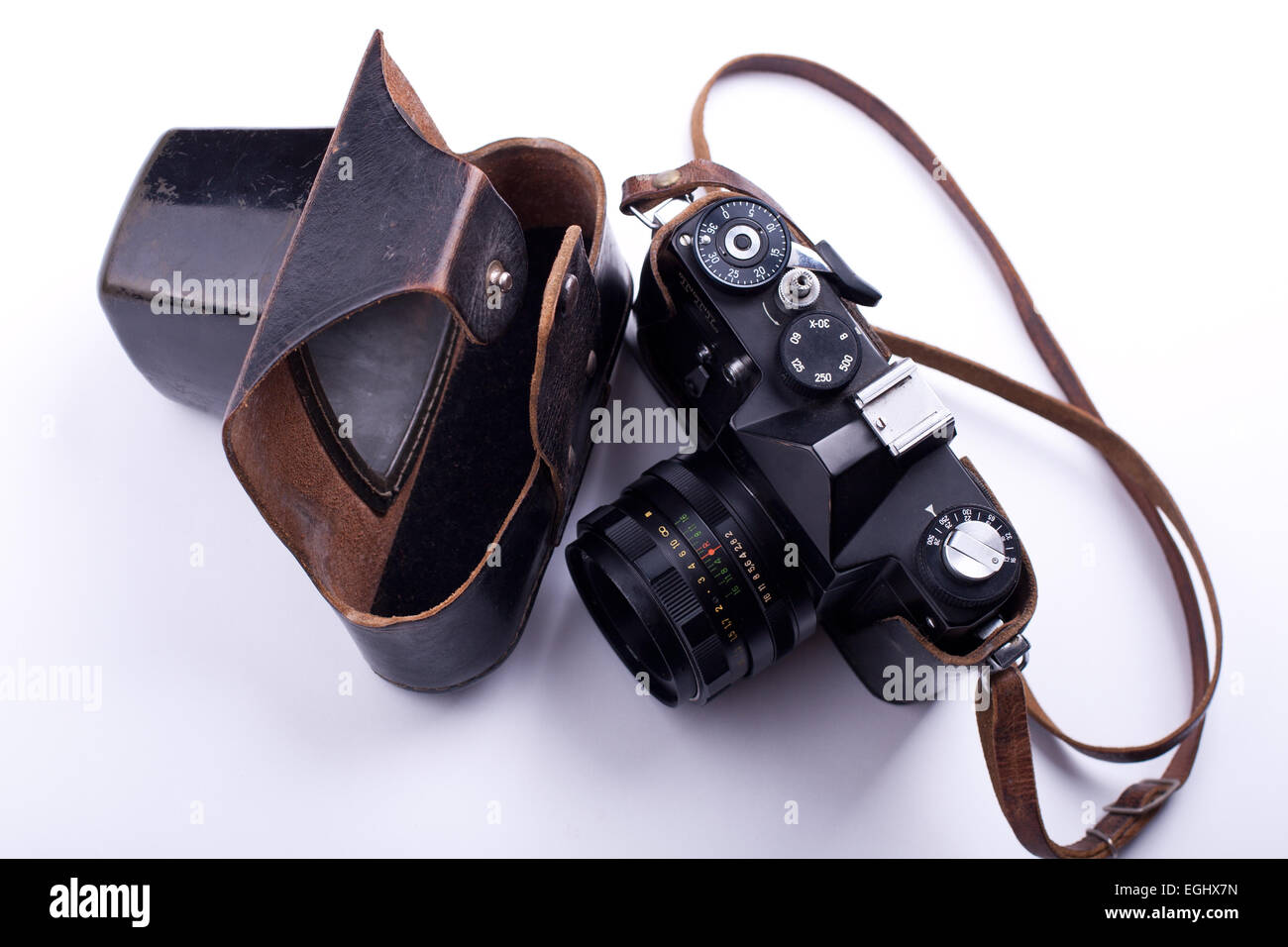old film camera with leather pouch on white background Stock Photo - Alamy