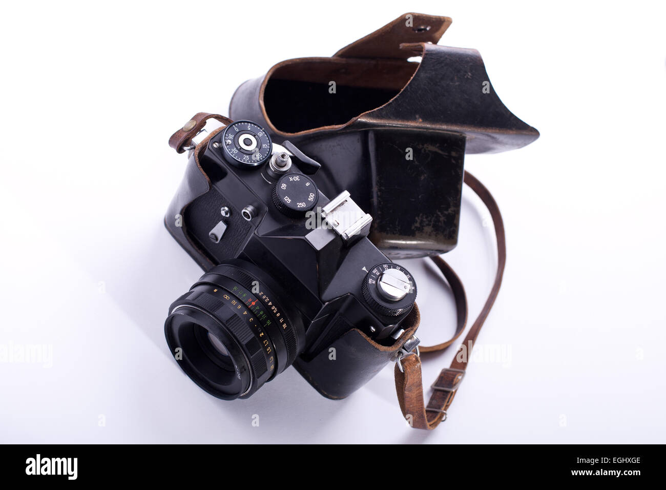 old film camera with leather pouch on white background Stock Photo - Alamy