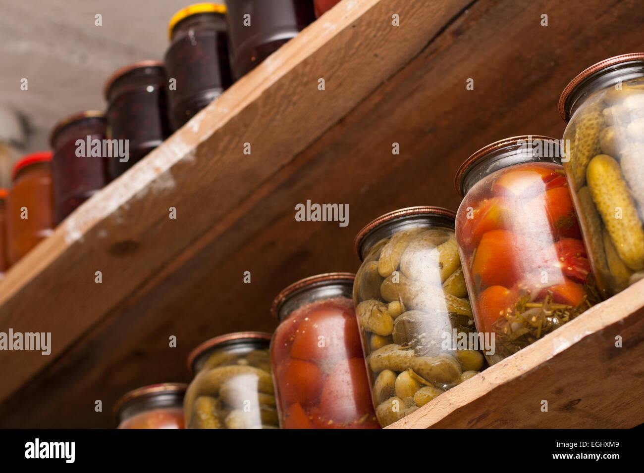 canned bottles with different vegetables on shelves Stock Photo - Alamy