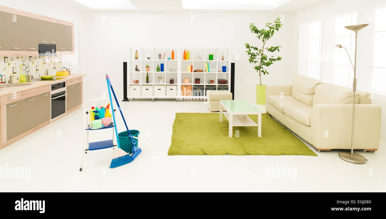 cleaning supplies in clean modern living room Stock Photo - Alamy