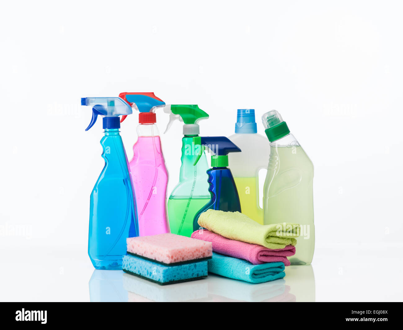 cleaning supplies on white background Stock Photo - Alamy