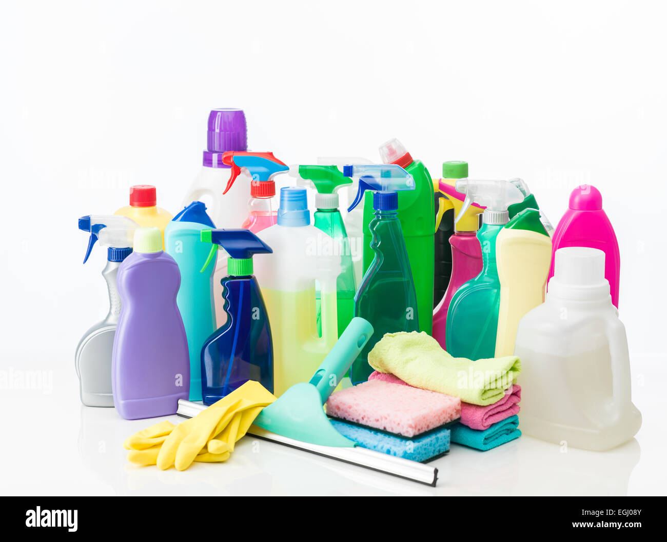 group of cleaning products and equipment on white background Stock ...
