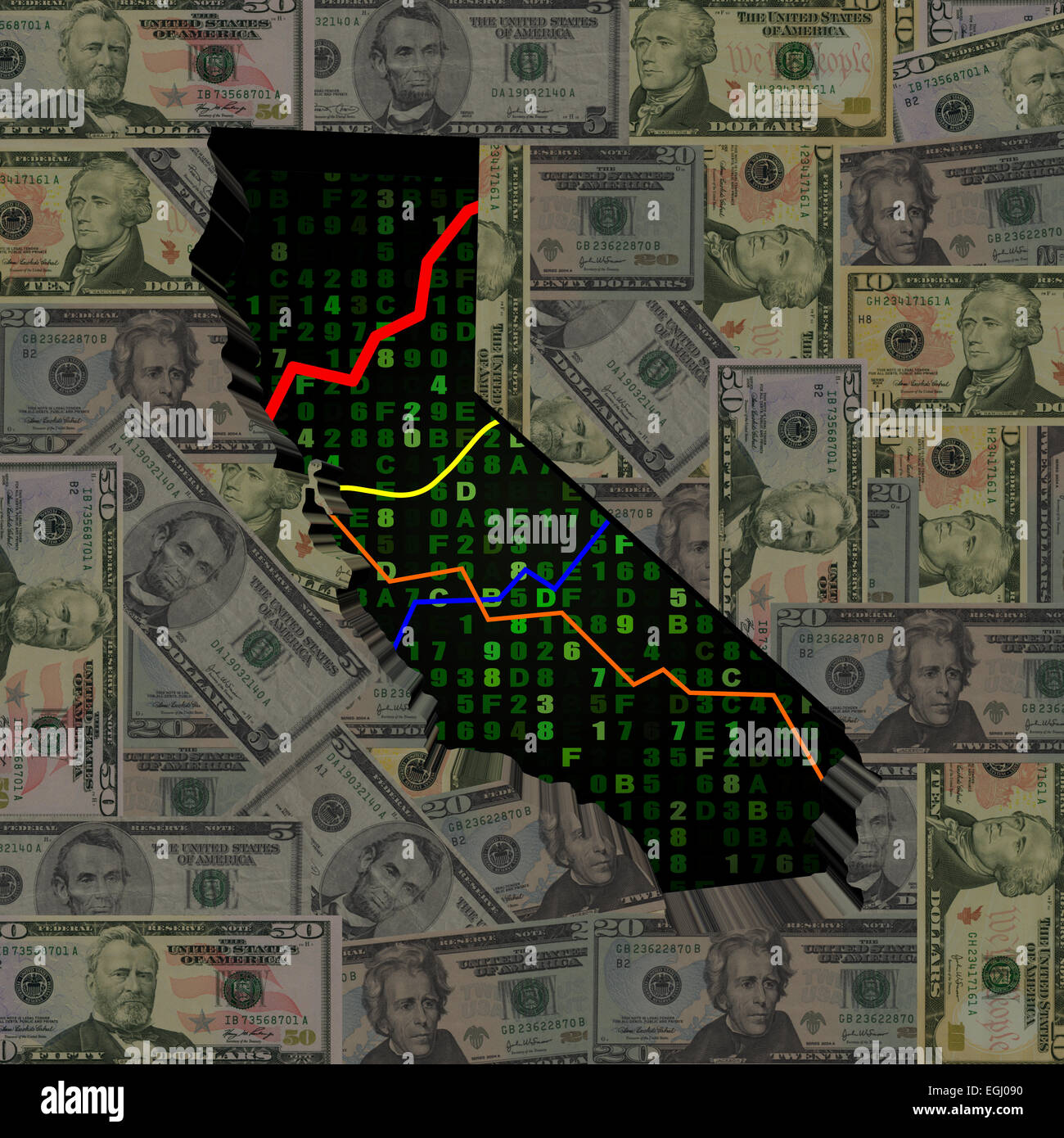 California map with hex code and graphs on dollars illustration Stock ...