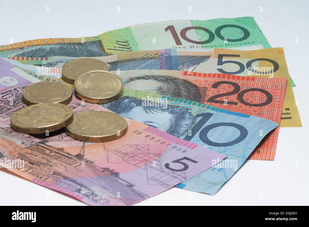 Close Up Australian Money banknote denominations and gold coins Stock ...