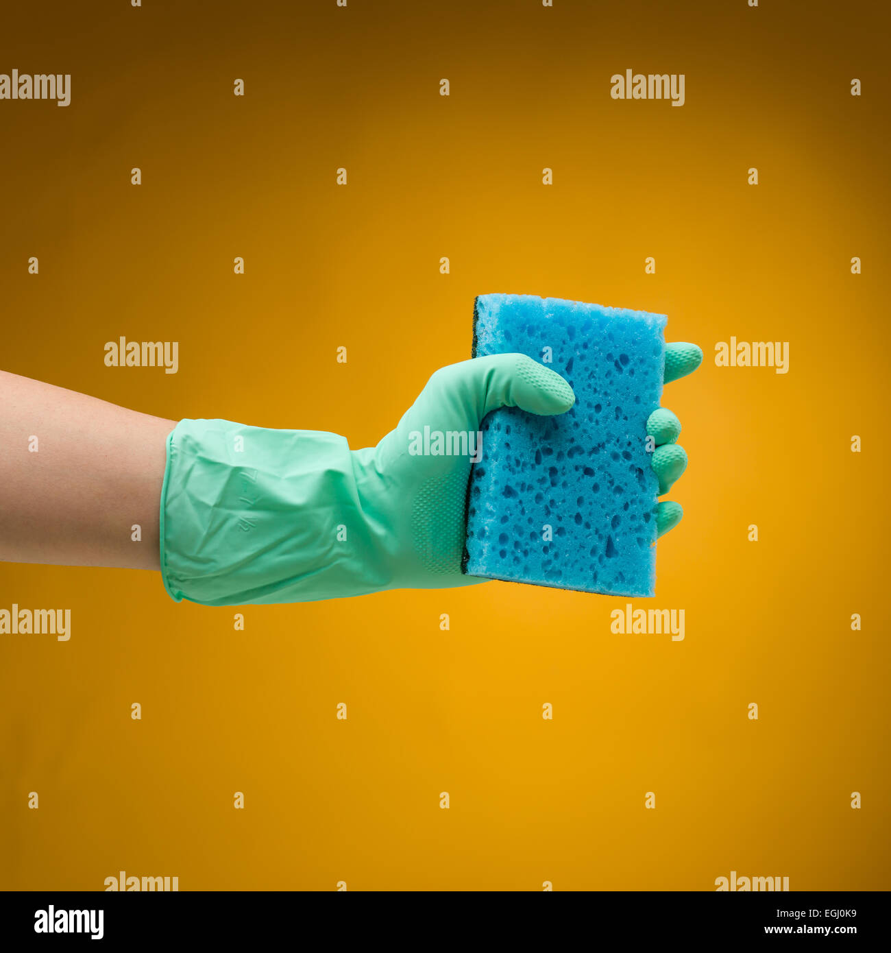 hand with rubber glove showing cleaning sponge Stock Photo - Alamy