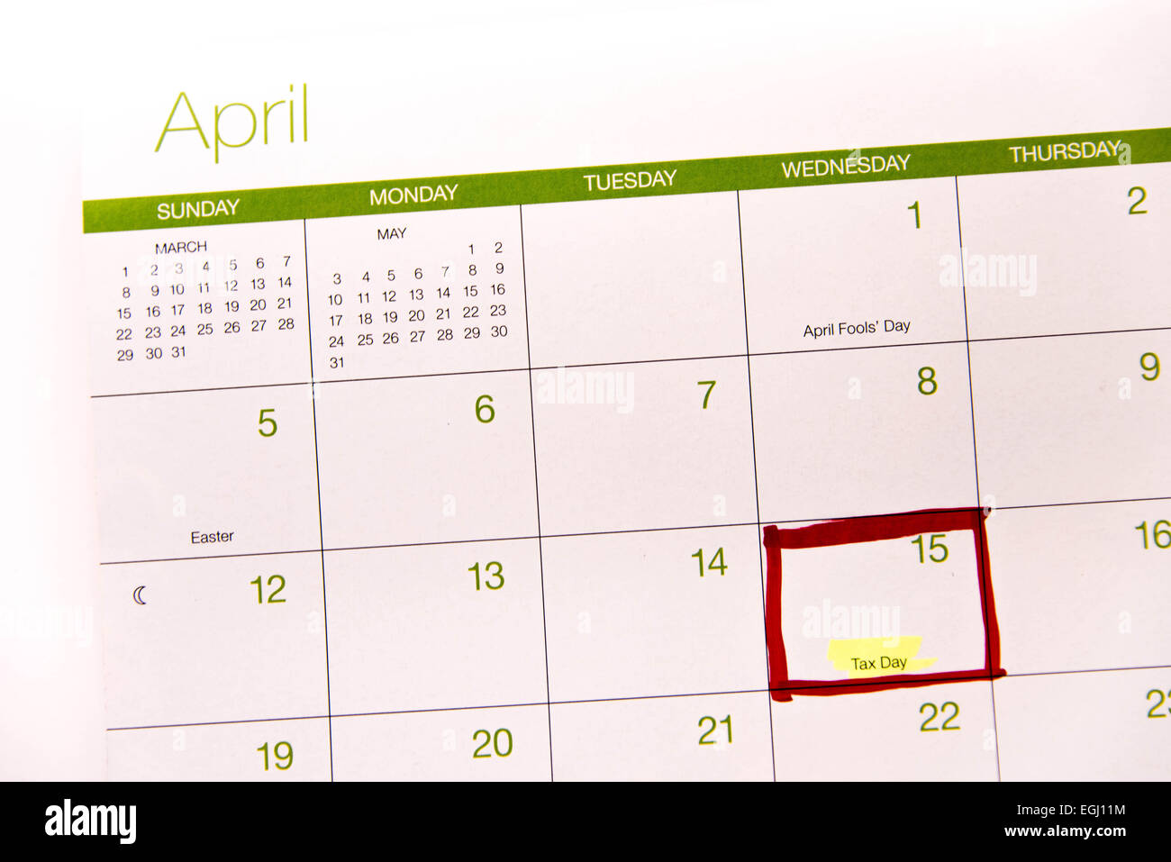 Calendar with a red box around Tax Day, April 15th Stock Photo - Alamy