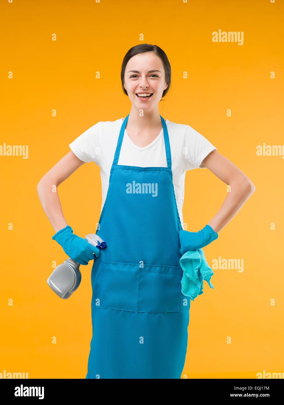 Happy woman cleaning supplies hi-res stock photography and images - Alamy