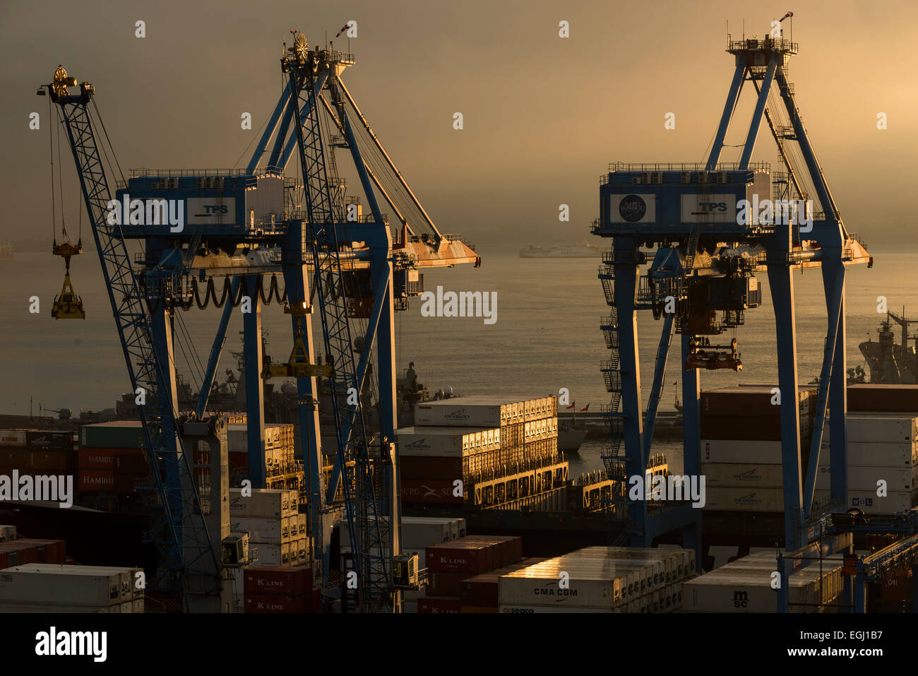 View of city and ports at dawn from Paseo 21 de Mayo, Cerro Playa Ancha ...