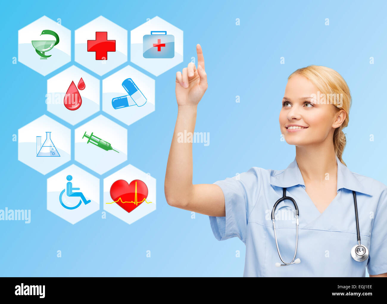 smiling doctor over medical icons blue background Stock Photo - Alamy