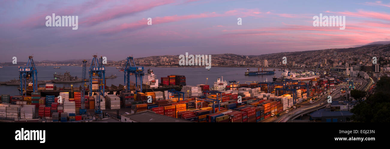 View of city and ports at dusk from Paseo 21 de Mayo, Cerro Playa Ancha ...