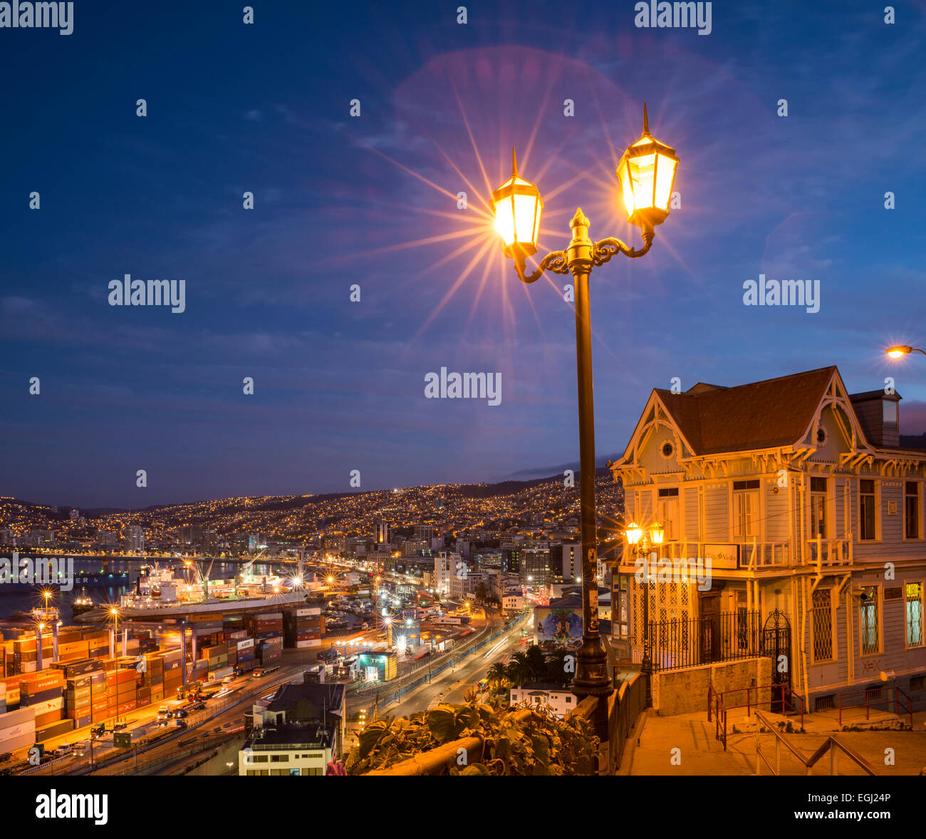 View of city and ports at dusk from Paseo 21 de Mayo, Cerro Playa Ancha ...