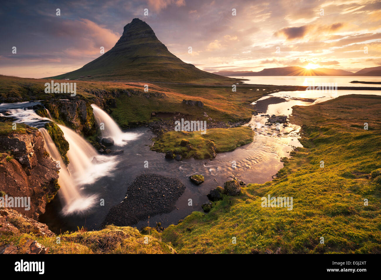 Iceland, Kirkjufell, Snaefellsnes, waterfall, mountain, sea Stock Photo ...