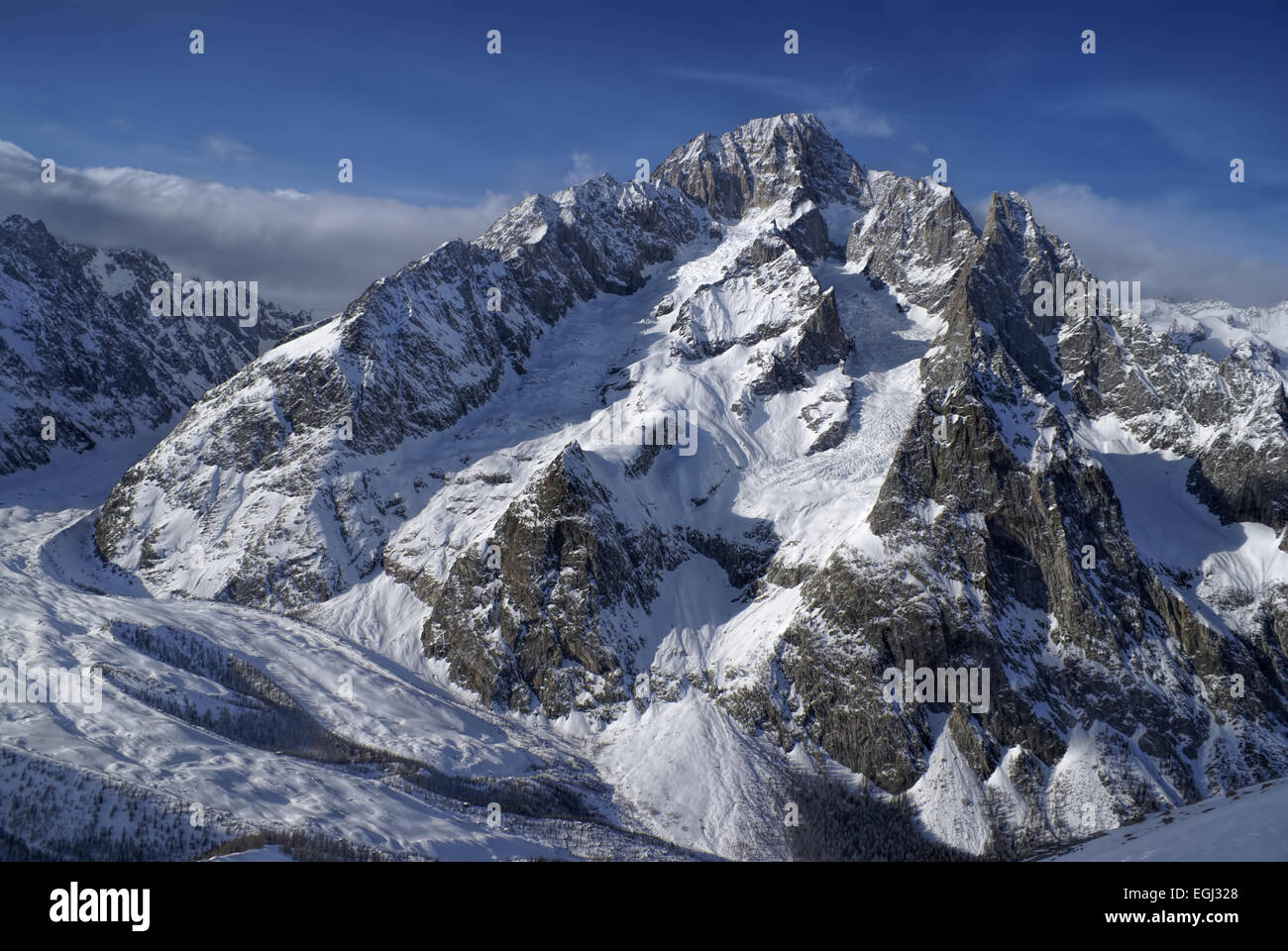 Amazing view of a mt Blanc in Alps covered in snow illuminated by the ...