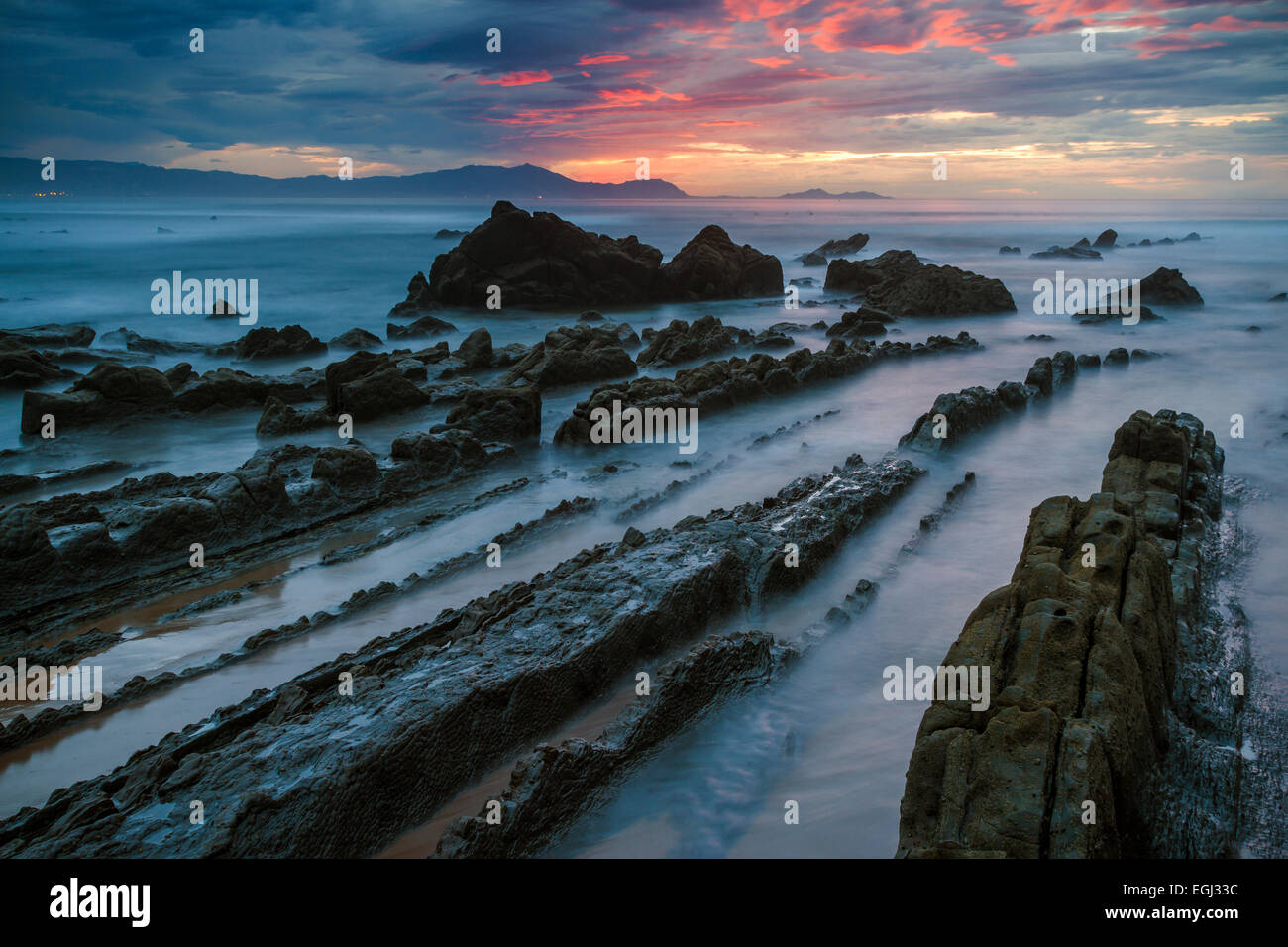 Barrika beach at dusk. Biscay, Basque Country, Spain, Europe Stock ...