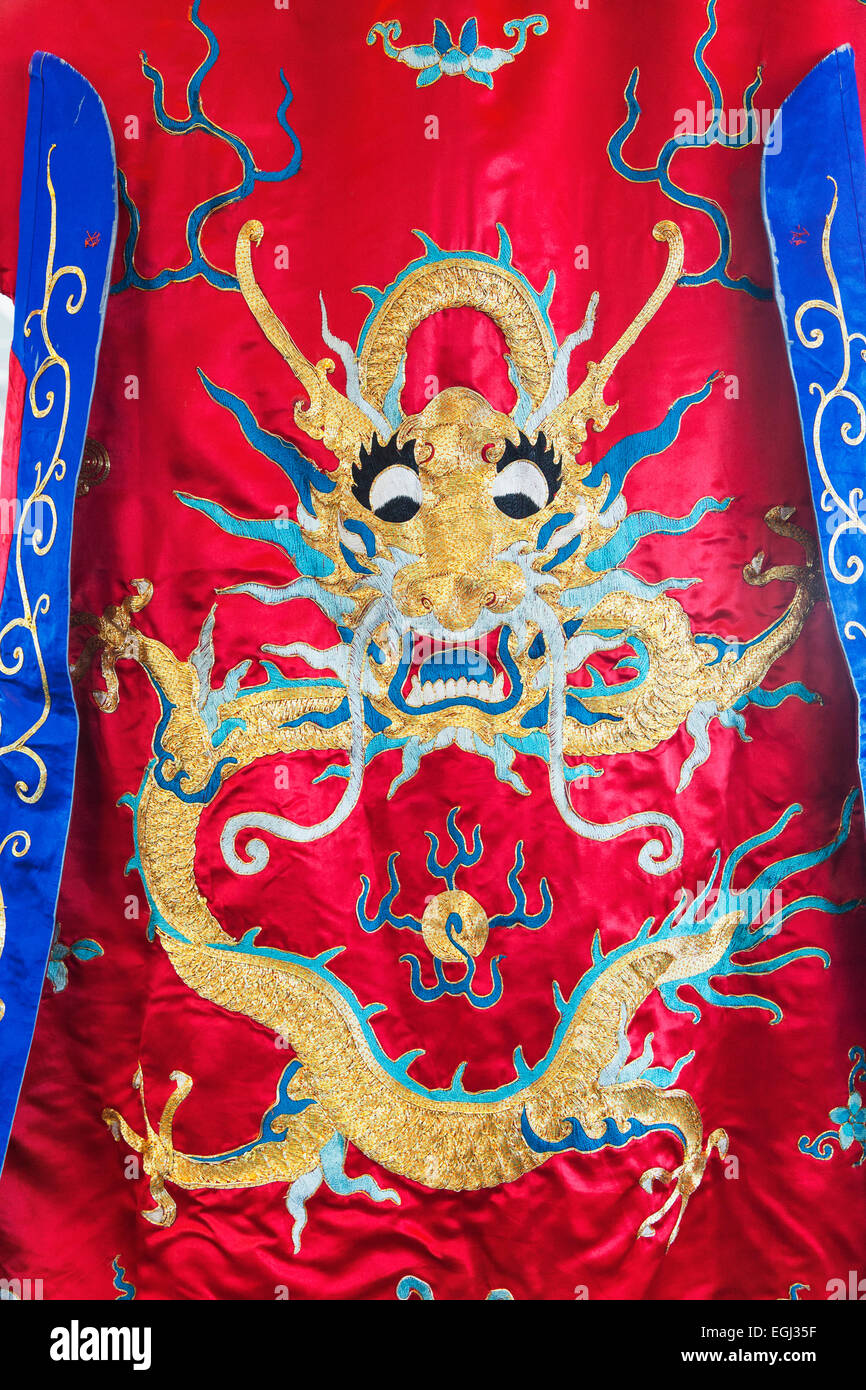 China, Hong Kong, Detail of Embroidery depicting Chinese Dragon Stock ...