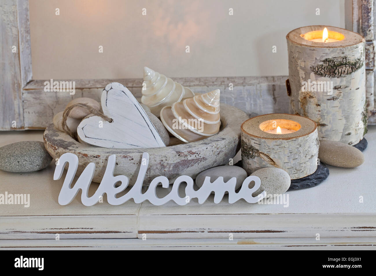 Decoration, white, window frame, Welcome, candles, bowl, seashells ...