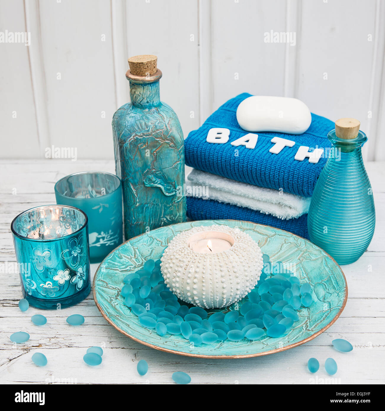 Still life with turquoise objects, symbol wellness Stock Photo - Alamy