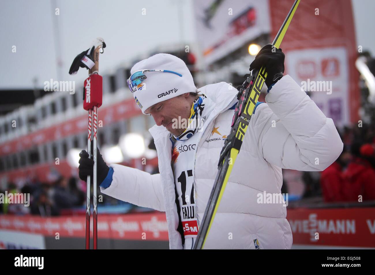 First placed Johan Olsson of Sweden reacts in the finish during the ...
