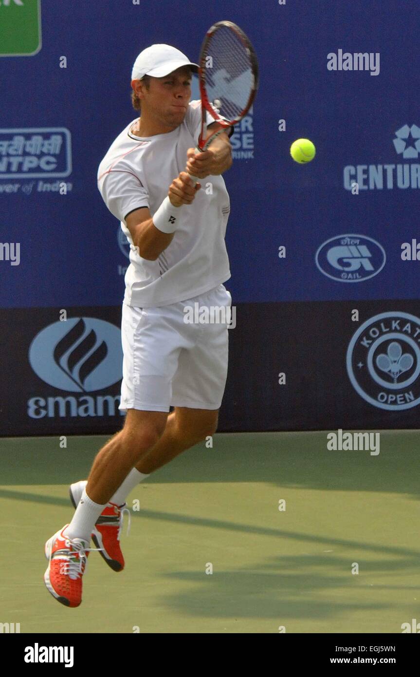 Kolkata, India. 25th February, 2015. Indian tennis player Radu Albot in ...