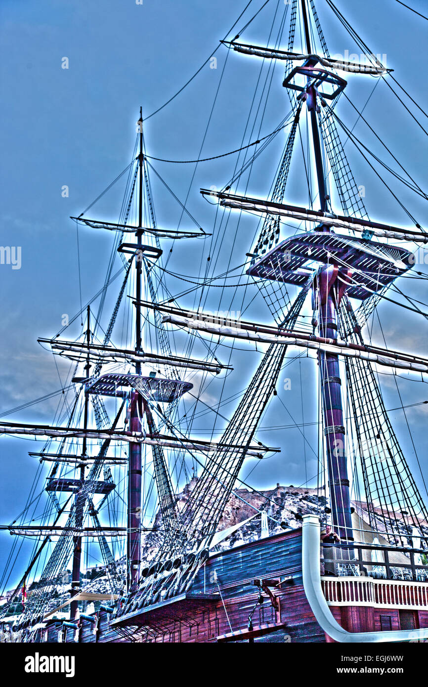 Filtered Image of Detail of Old Antique Sailing Ship with Three Masts ...