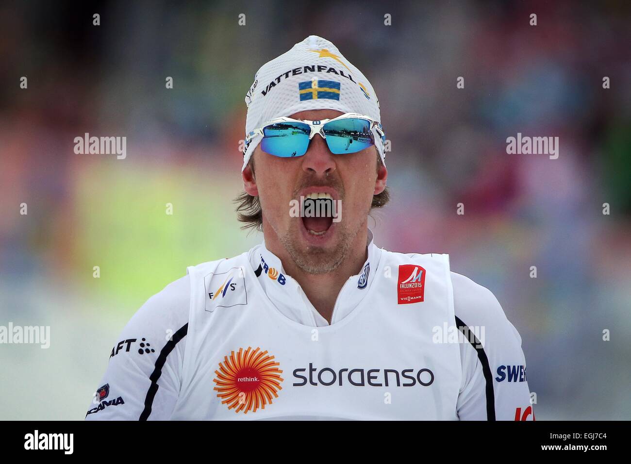 First placed Johan Olsson of Sweden reacts in the finish during the ...