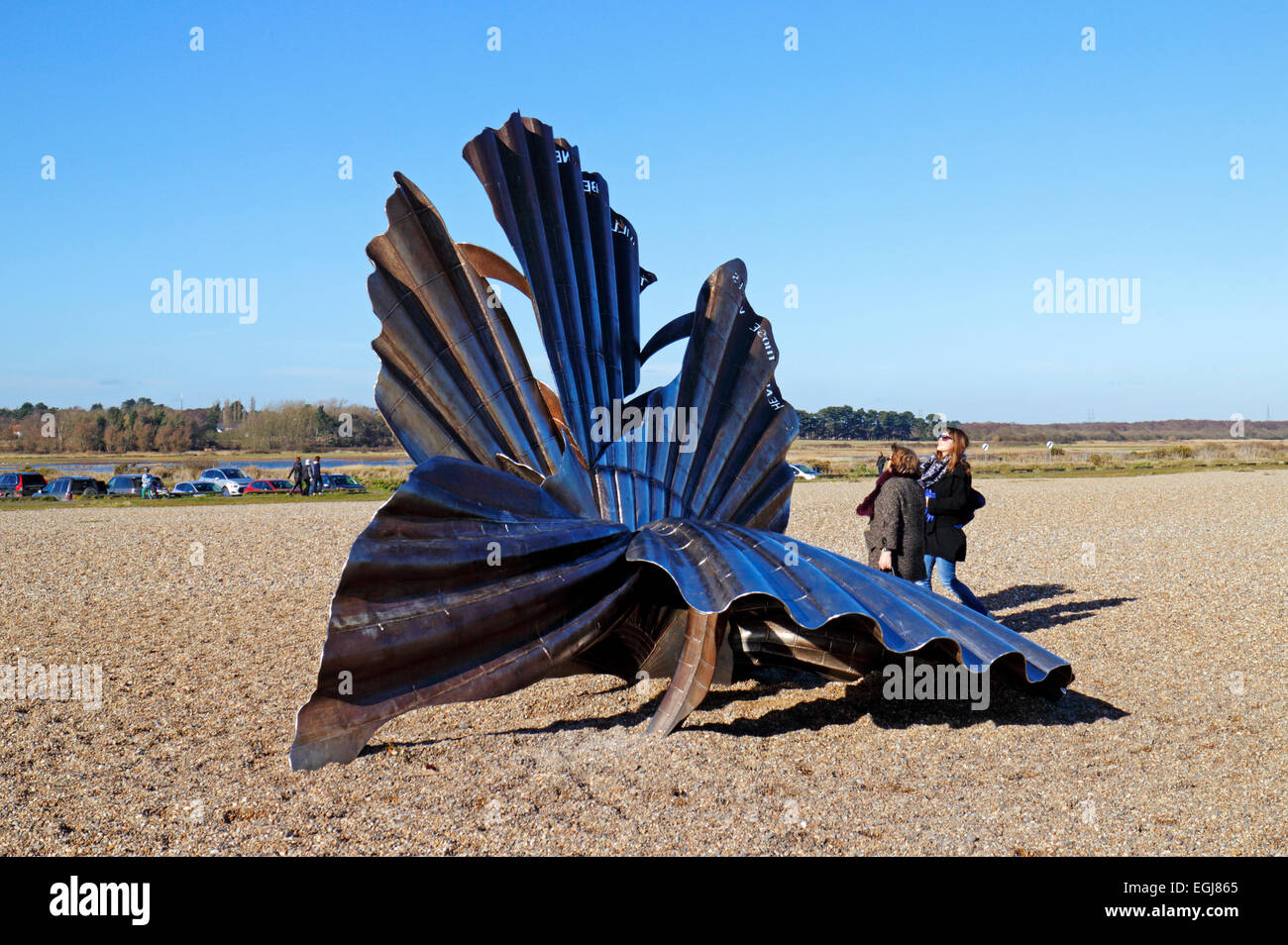 A view of two people admiring The Scallop sculpture by Maggi Hambling ...