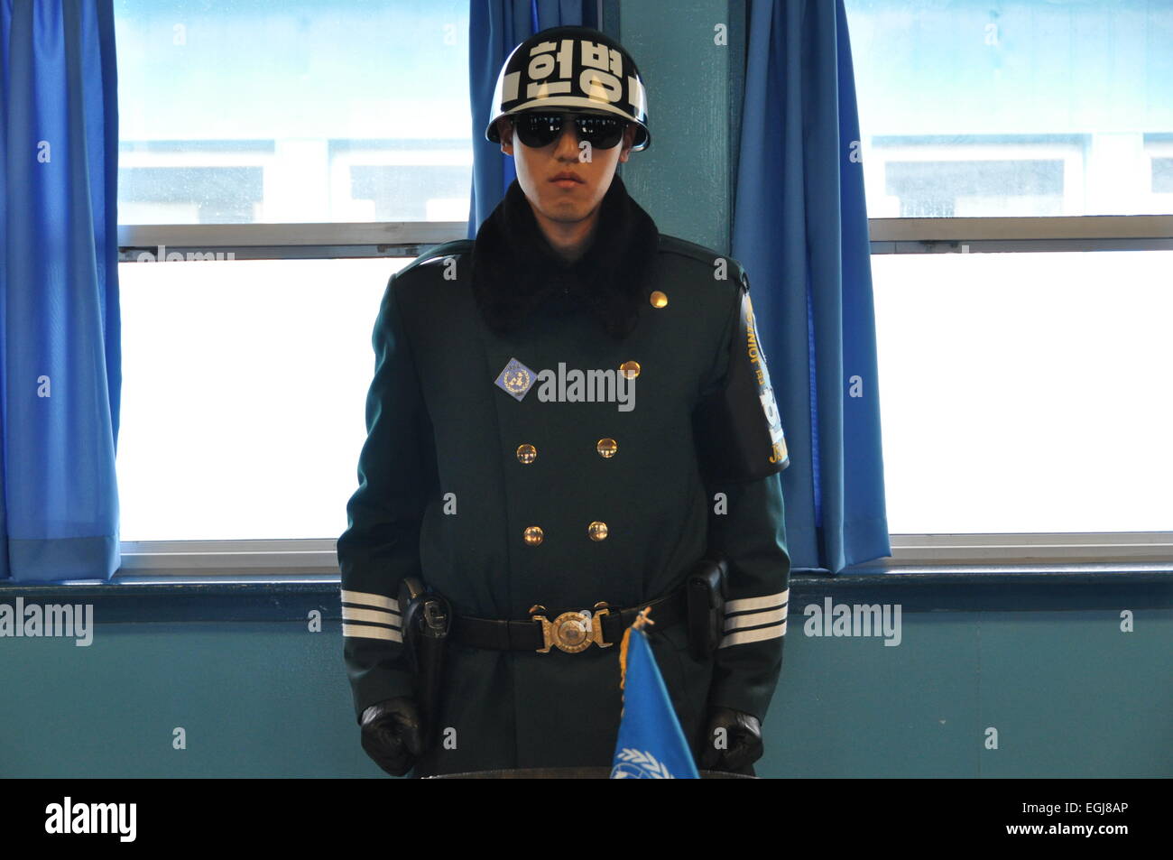 A South Korean stands in a UNO barrack at the border line between South ...